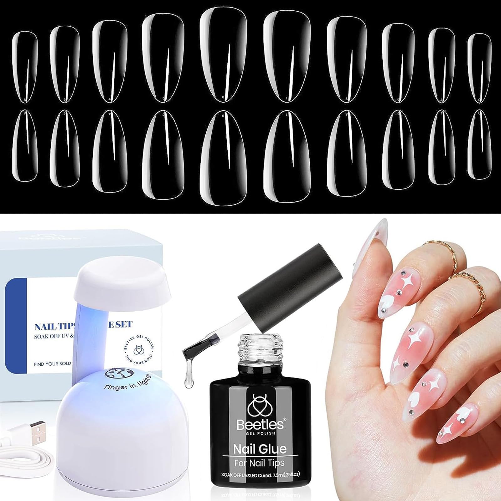 Beetles Gel Nail Kit Easy Nail Extension Set 500Pcs Pre shaped Medium Almond Nail Tips with 5 in 1 Mutipurpose Glue Gel Base Uv Led Nail Lamp for Nail Art Diy Home